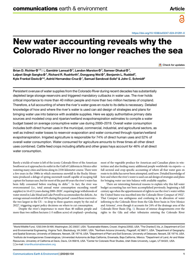 Richter Et Al 2024 CRB Water Budget | PDF | Colorado River | Lake Mead