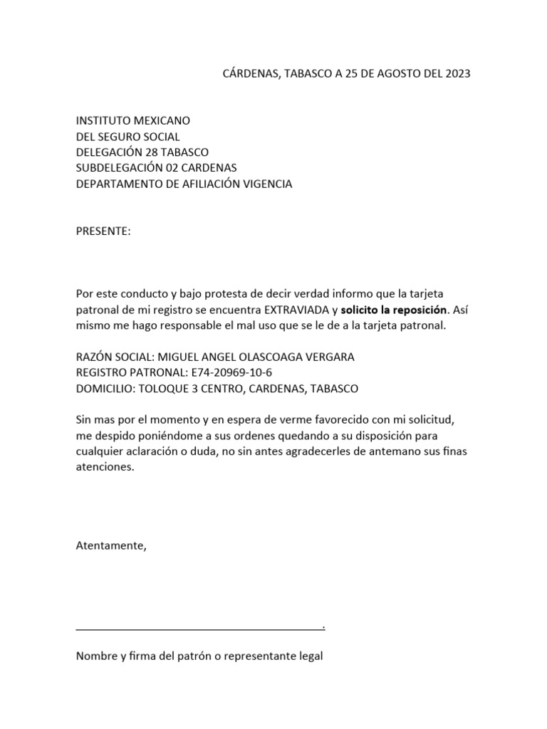 Solicitud de Reposicion de Tarjeta Patronal Del IMSS | PDF