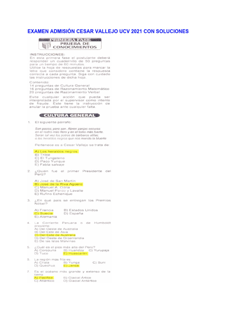 Examen Admision Cesar Vallejo Ucv Con Soluciones | PDF