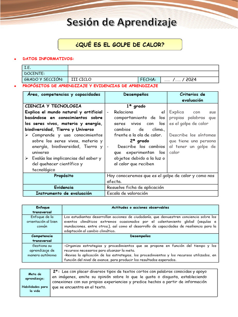 Sesion d3 CT Que Es El Golpe de Calor | PDF | Aprendizaje | Evaluación Sesion d3 CT Que Es El Golpe de Calor | PDF | Aprendizaje | Evaluación