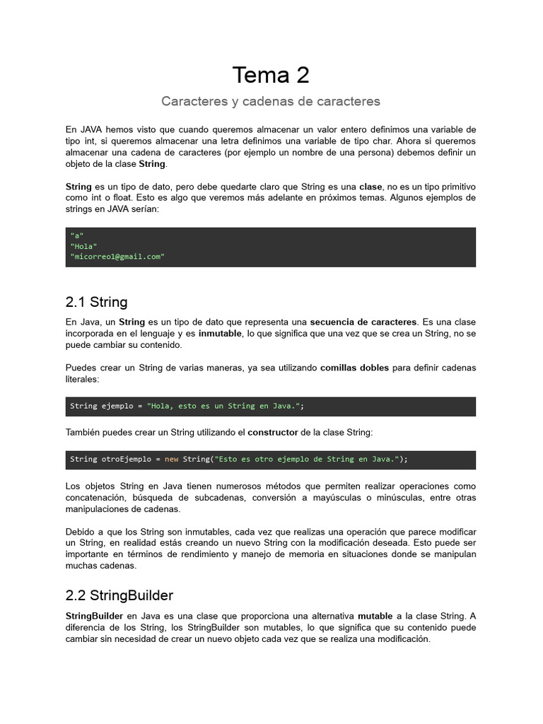 Tema2_CaracteresYCadenasDeCaracteres | PDF | Java (lenguaje de programación) | Cadena (informática)