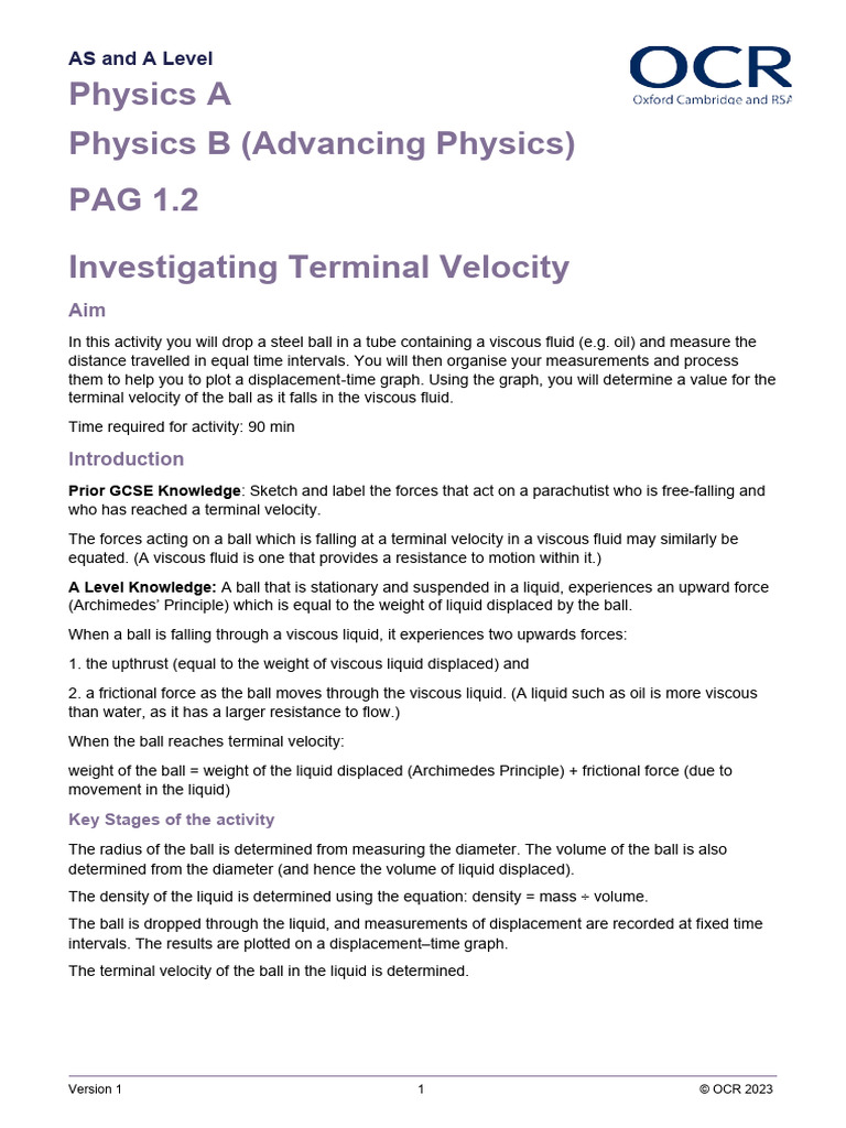 Pag 1.2 Investigating Terminal Velocity | PDF | Force | Viscosity