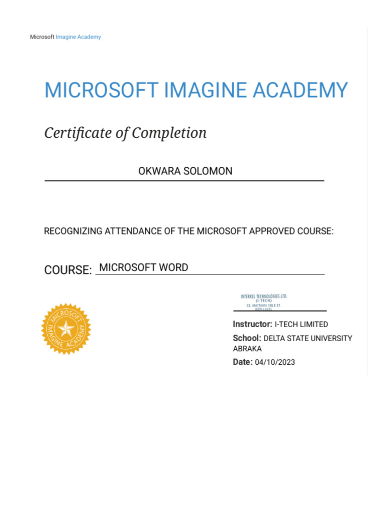 Microsoft Imagine Academy Certificate | PDF | Computers