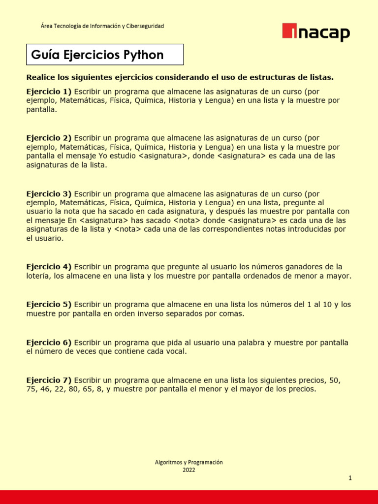 Ejercicios Python Listas | PDF | Métodos y materiales de enseñanza | Informática