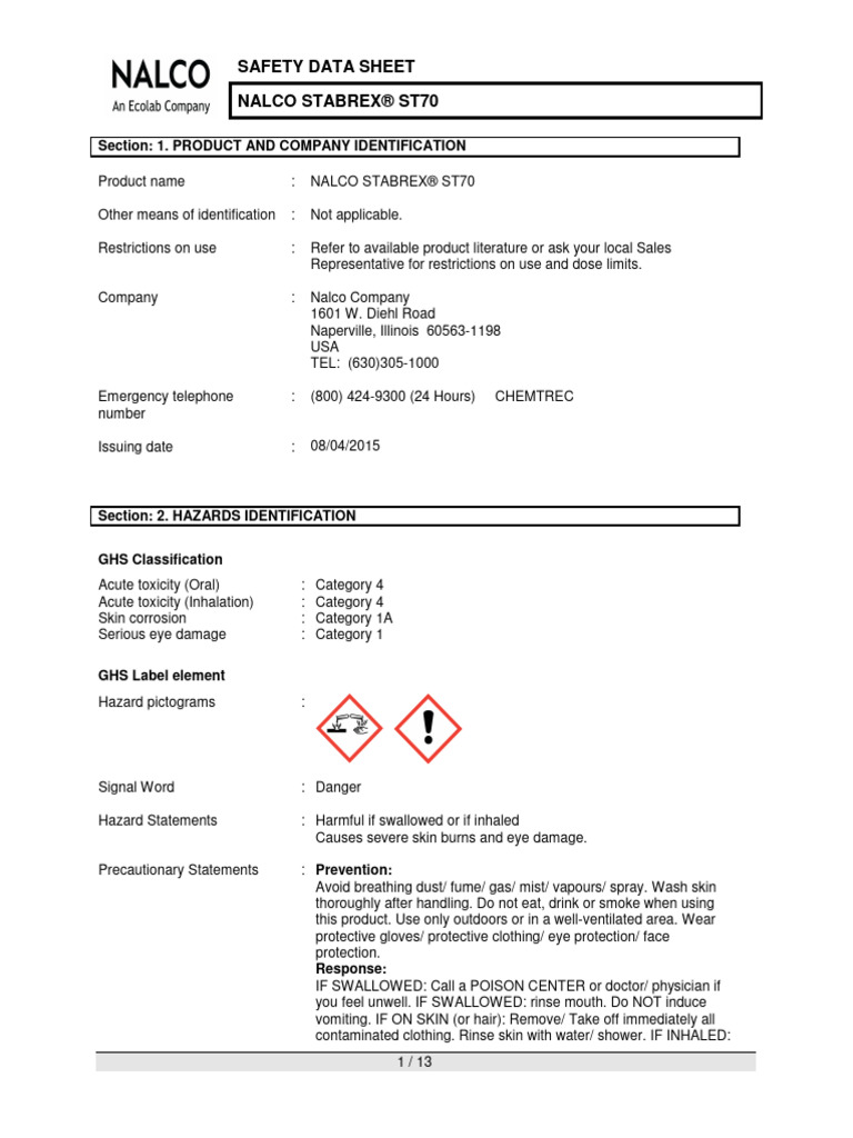 MSDS Nalco ST70 | PDF