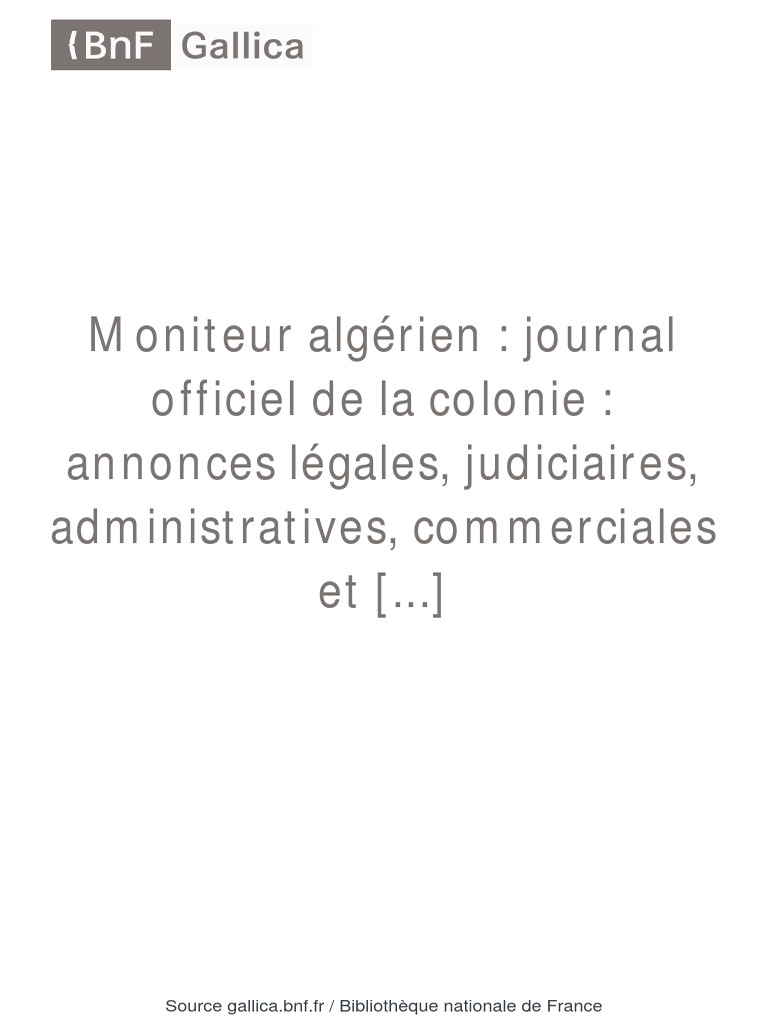 Moniteur Algérien Journal Officiel (... ) Algérie (Période ...