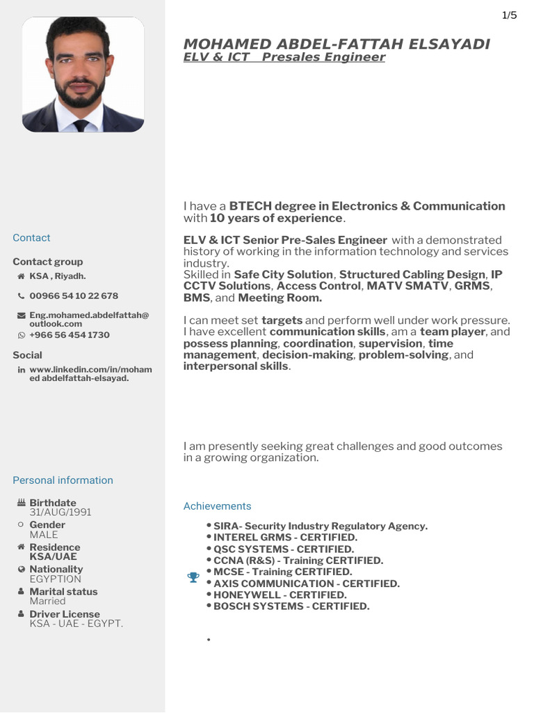 Mohamed Abdelfattah ELSAYADI - ELV&ICT Presales ENG. | PDF | Computers