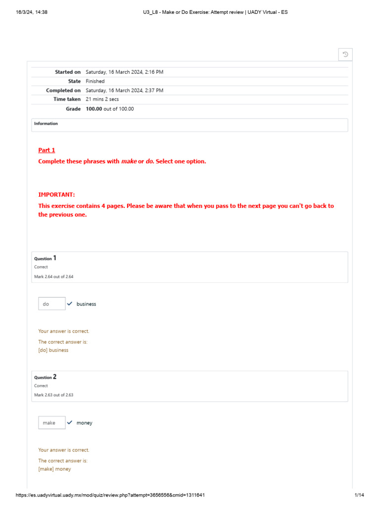 U3 - L8 - Make or Do Exercise - Attempt Review - UADY Virtual - ES | PDF