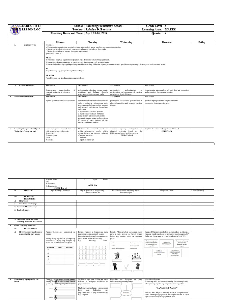 DLL Q4 G5 Mapeh Week 1 | PDF | Learning