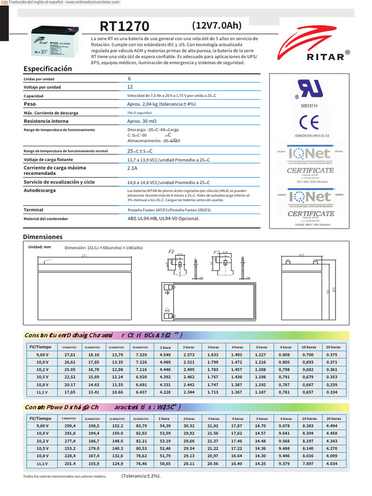 Batería RT1270: Especificaciones y Uso | PDF | Cantidades fisicas ...