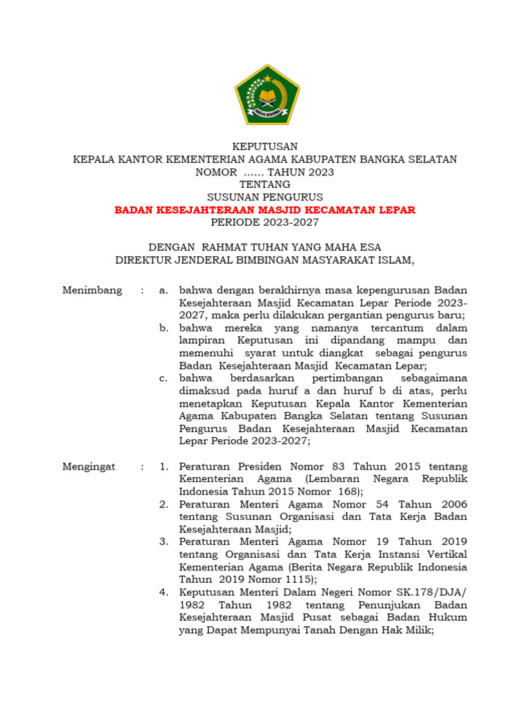 SK Pengurus BKM Kecamatan Lepar | PDF