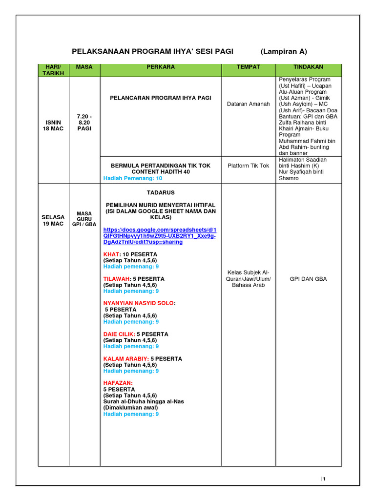 Program Ihya' Sesi Pagi dan Petang | PDF