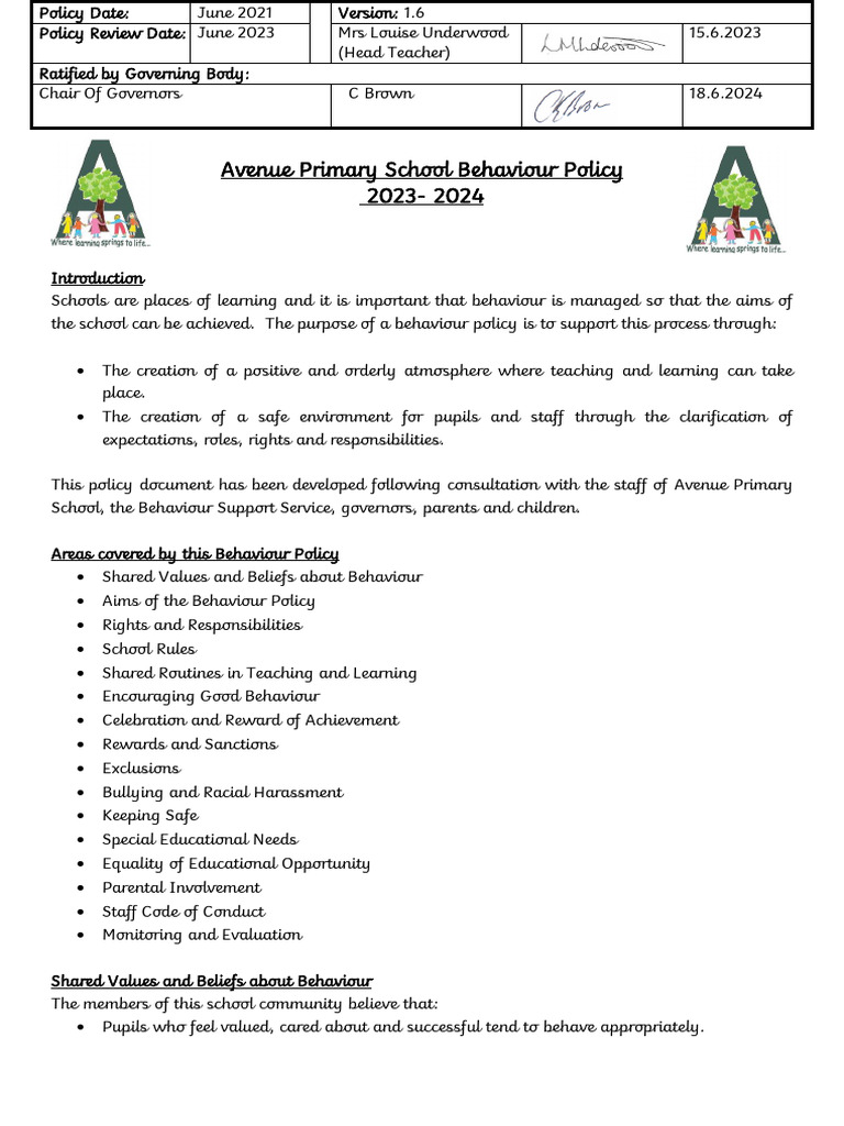 Aps Behaviour Policy 2023 2024 | PDF | Bullying | Teachers
