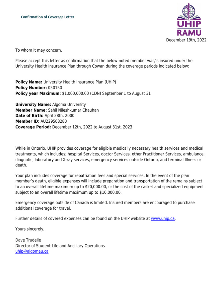 23W-229508280 UHIP Coverage Letter - 1 | PDF