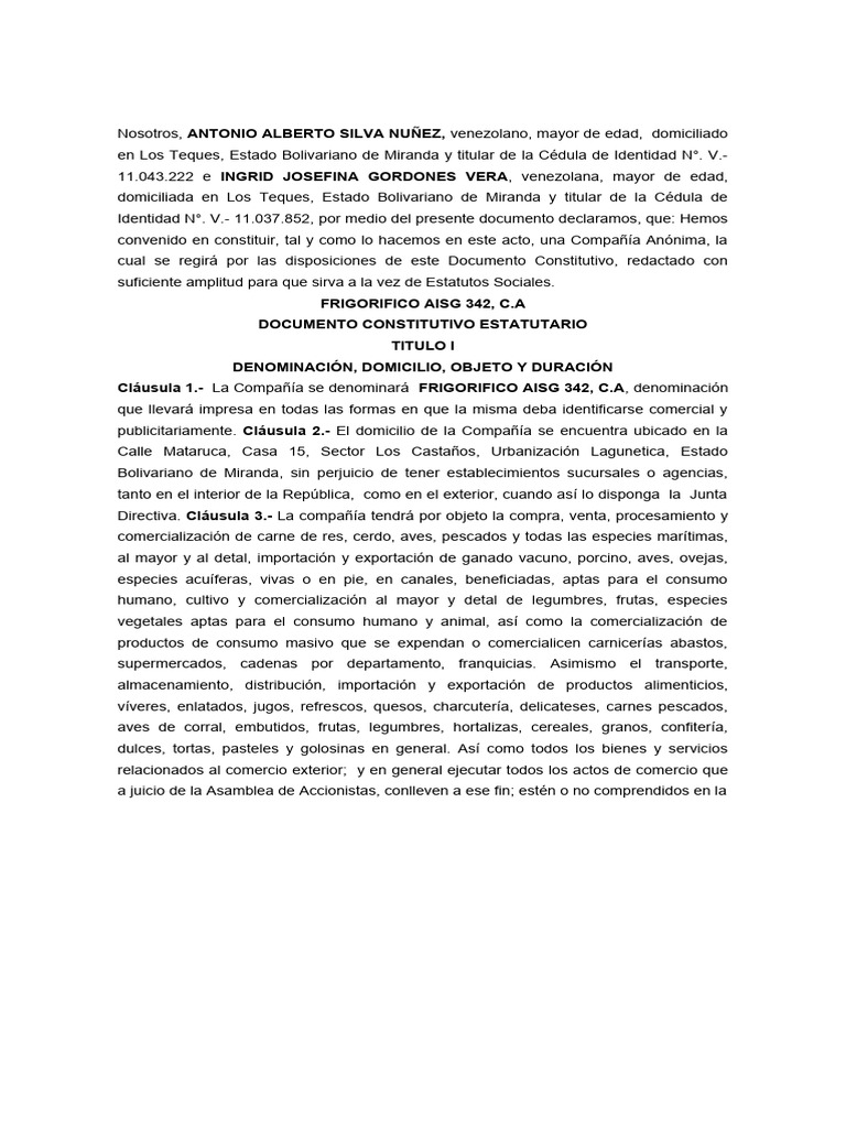 Documento Constitutivo de Frigorífico AISG 342 | PDF | Dividendo ...