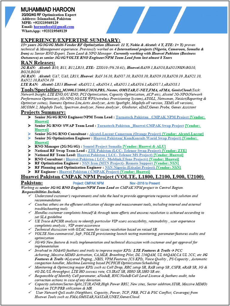 Updated CV - Haroon - Senior RF Optimization Expert | PDF | Mobile Technology | Telecommunications