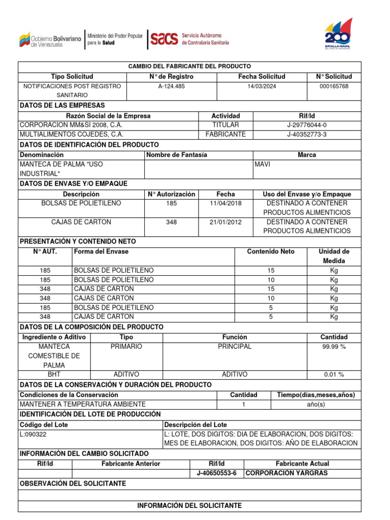 Cambio de Fabricante de Manteca de Palma | PDF