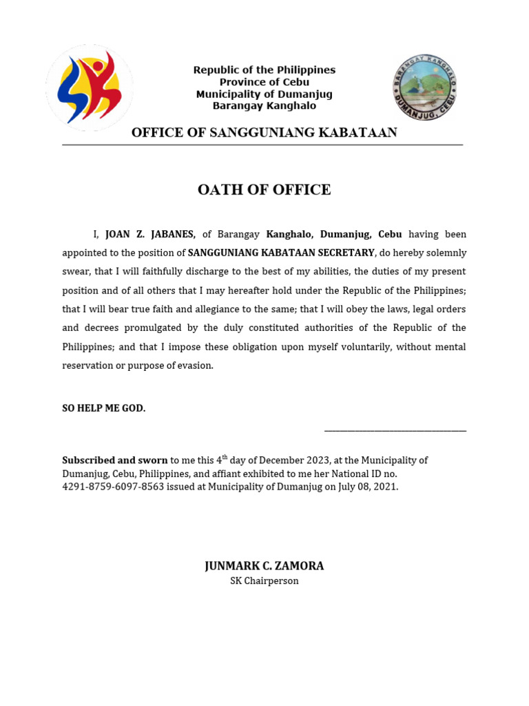 Oath of Office: SK Secretary Cebu | PDF