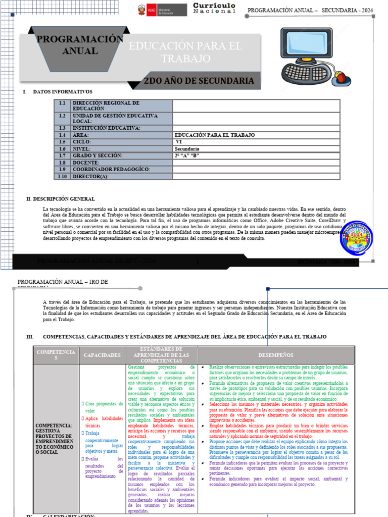 Programación Anual 2º Ept - 2024 | PDF | Microsoft Excel | Evaluación
