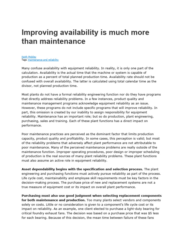 Improving Availability Is Much More Than Maintenance | PDF