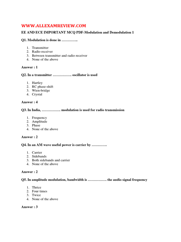 Ee and Ece Important MCQ PDF Modulation and Demodulation 1 - WWW Allexamreview Com | PDF ...