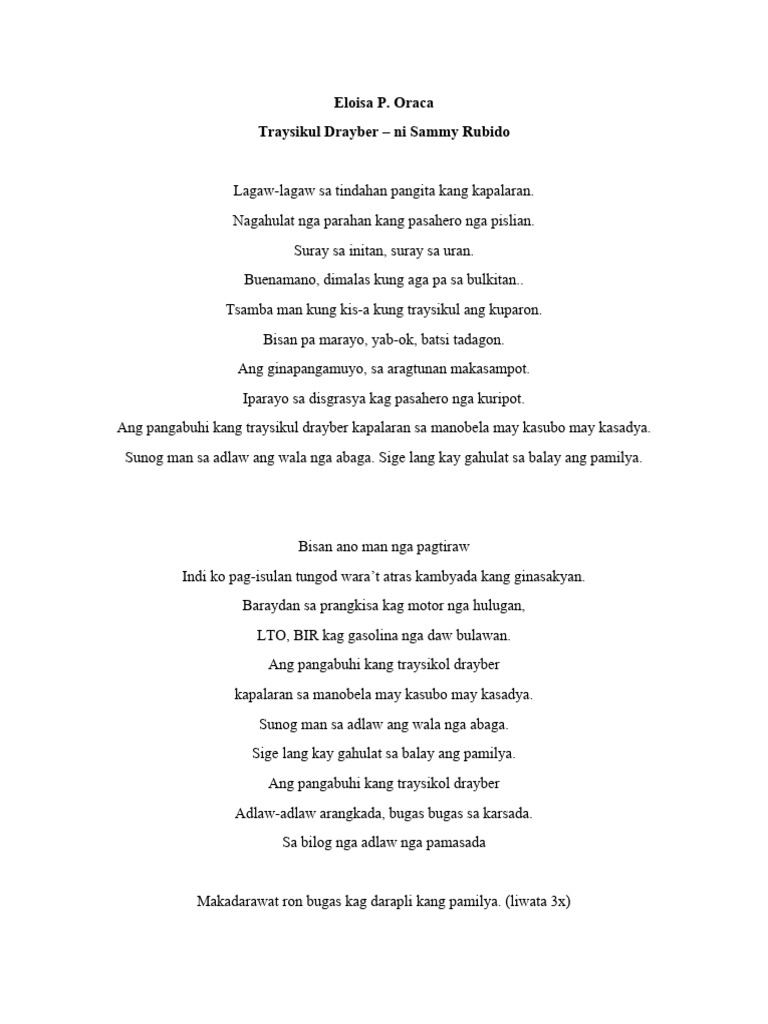 Traysikul Drayber Lyrics | PDF