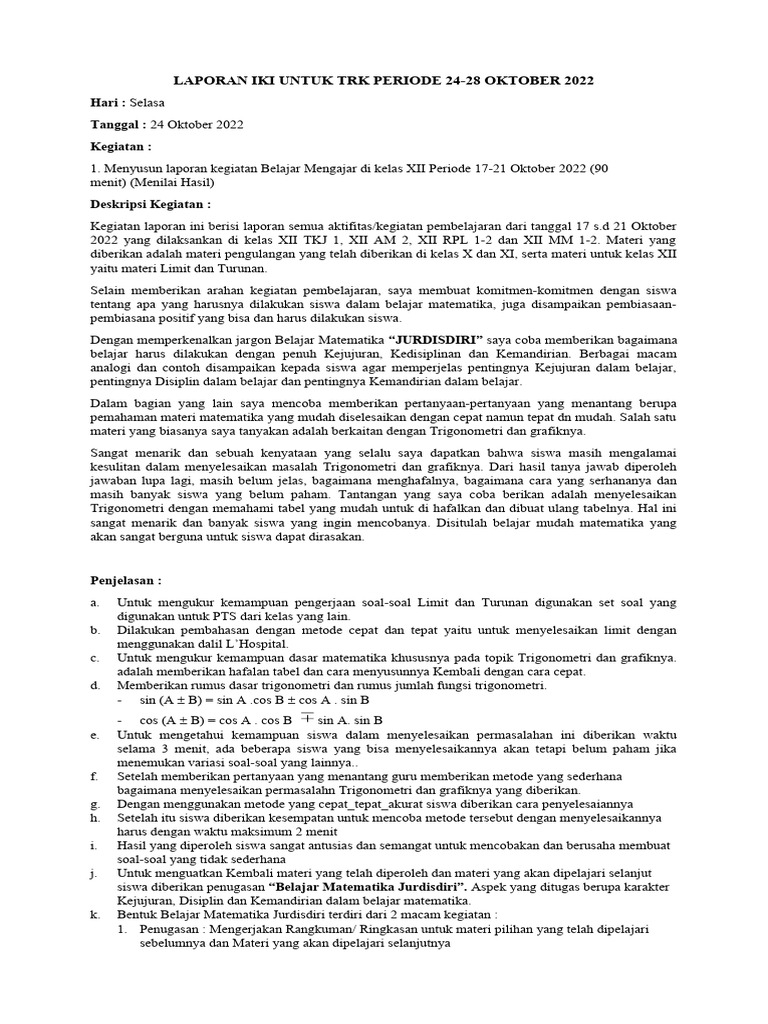 1 - 6. Menyusun Laporan Kegiatan Pembelajaran Periode 17-21 Oktober 2022 - Untuk IKI - TRK | PDF