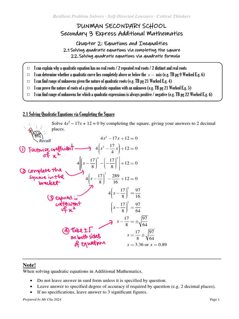 Chapter 2 Equations and Inequalities Lesson Notes | PDF | Quadratic ...