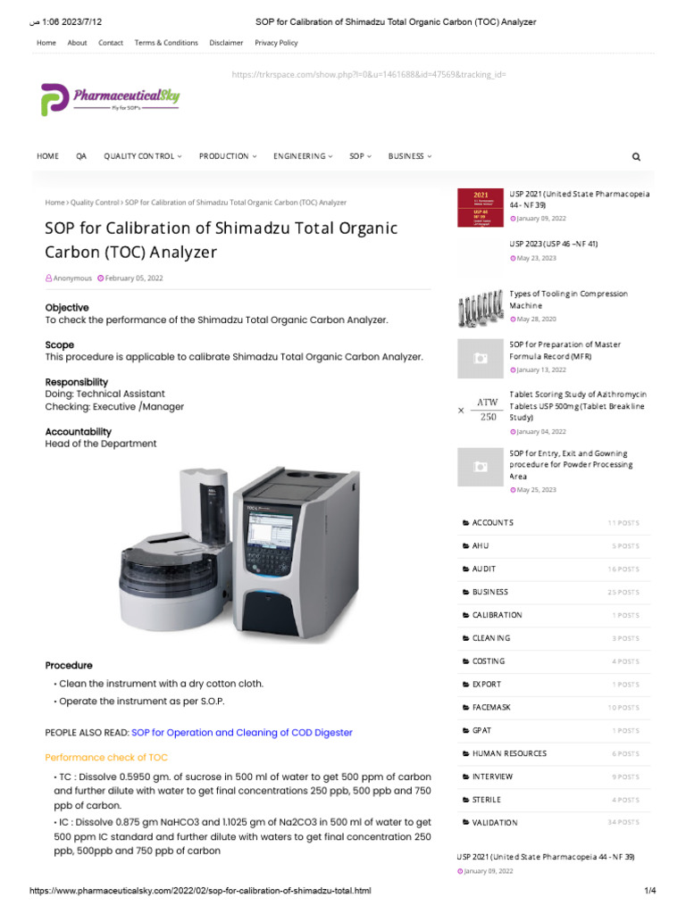 SOP For Calibration of Shimadzu Total Organic Carbon (TOC) Analyzer | PDF