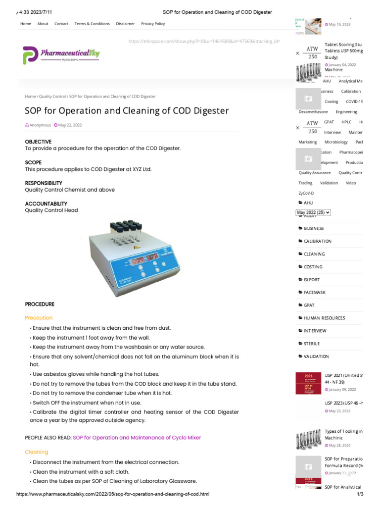 SOP For Operation and Cleaning of COD Digester | PDF