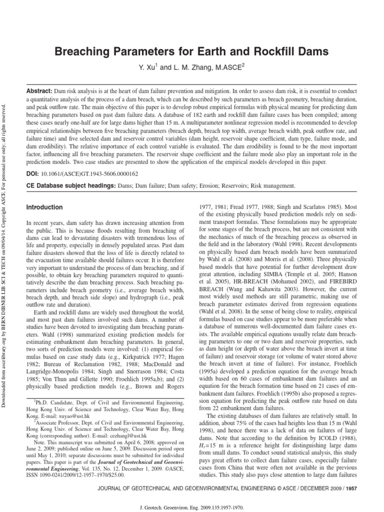 Paper - 2009 - Breaching Parameters For Earth and Rockfill Dams | PDF ...
