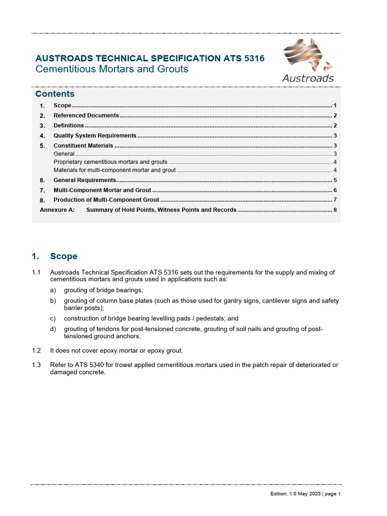 ATS 5316 Cementitious Mortar and Grout | PDF | Concrete | Cement
