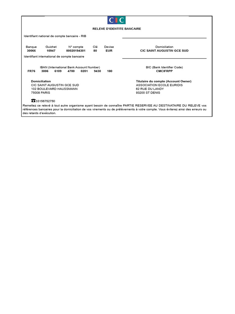 Informations Bancaires CIC EURIDIS | PDF