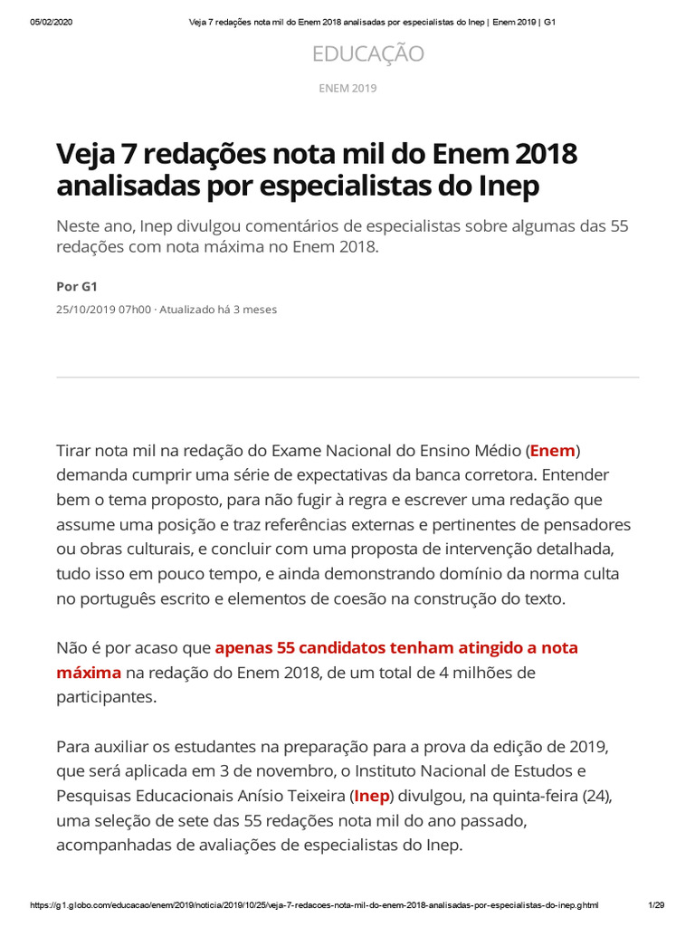 Veja 7 Redações Nota Mil Do Enem 2018 Analisadas Por Especialistas Do ...