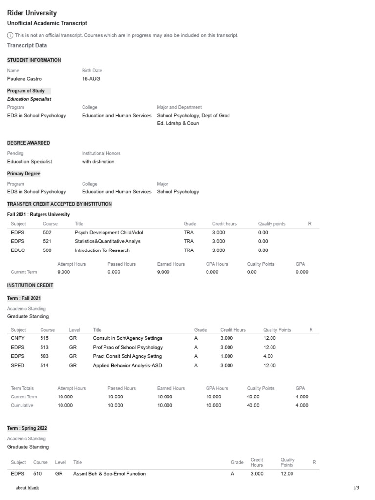 Transcript Data | PDF | Course Credit | Behavioural Sciences