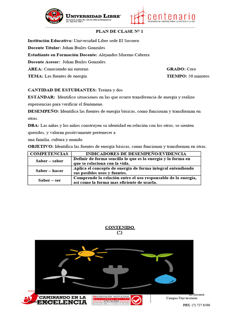 Plan de Aula - Fuentes de Energia | PDF | Maestros | Evaluación