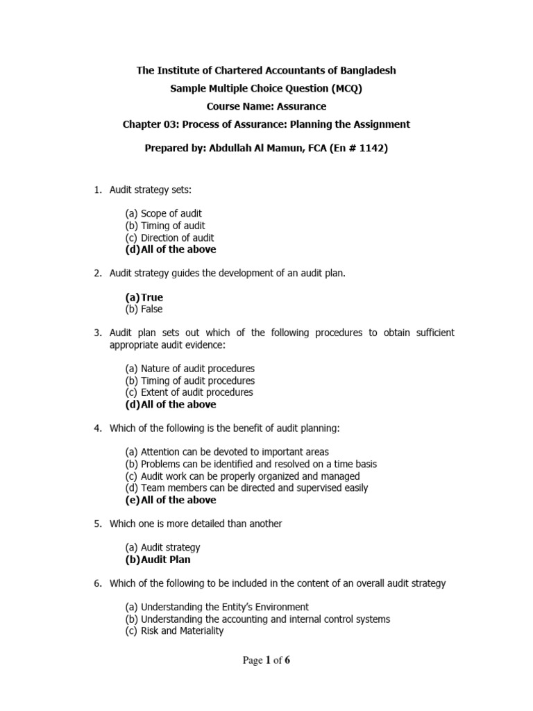 Sample MCQ For Assurance - Chapter 03 - Mamun - Answer | PDF | Audit | Internal Control