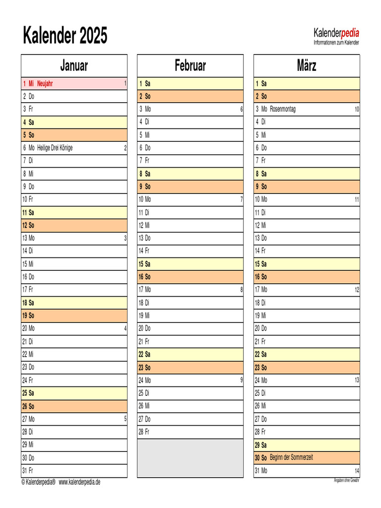 Kalender 2025 Querformat 4 Seiten | PDF