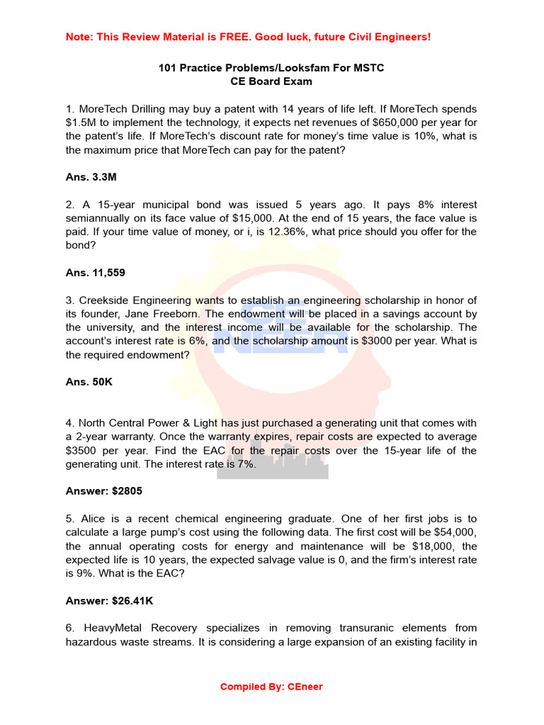 101 Practice Problems-Looksfam For MSTC CE Board Exam Prepared by - CEneer | PDF | Interest ...
