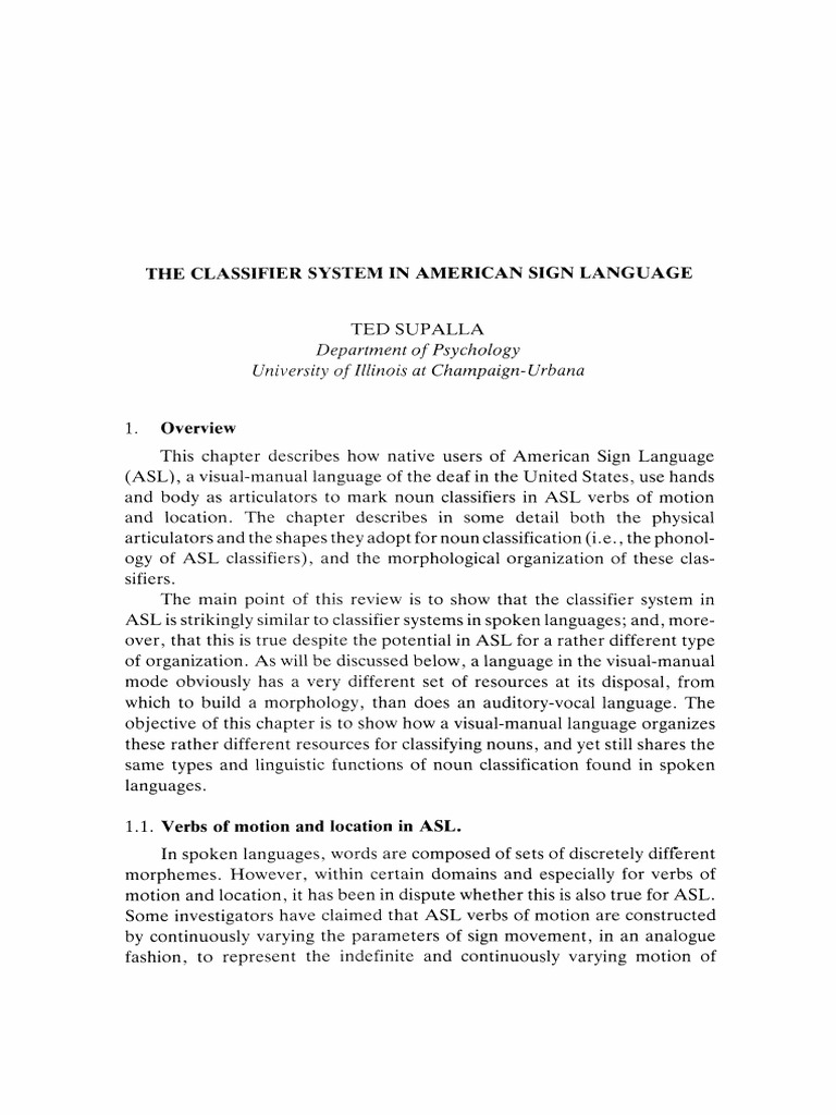 The Classifier System in American Sign Language Supalla 1896 | PDF ...