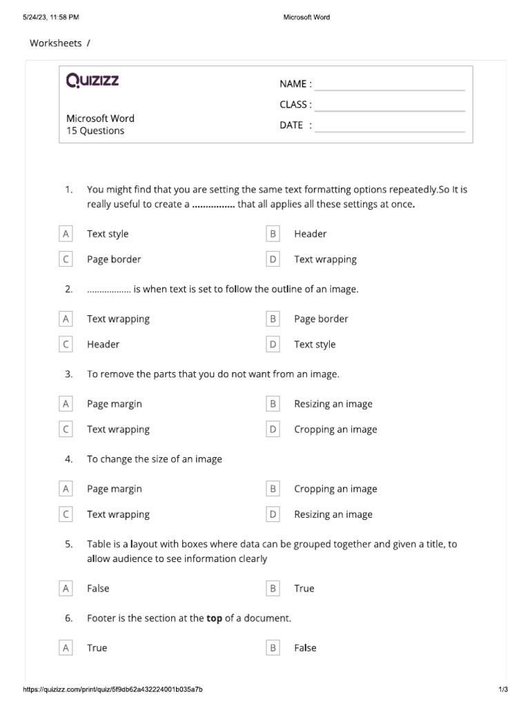 Microsoft Word Quiz 1 | PDF