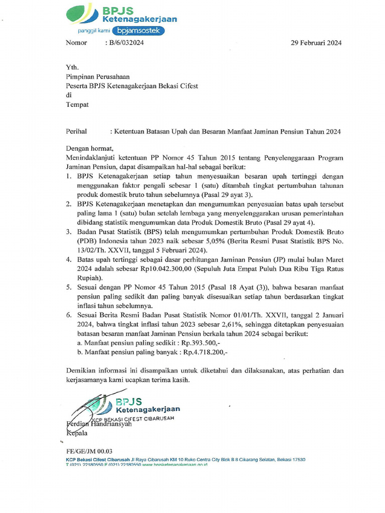 B 6 022024 Surat Ketentuan Batasan Upah JP 2024 | PDF