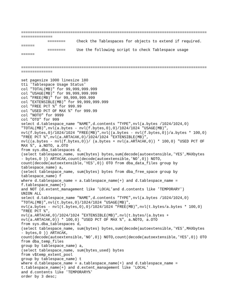 Tablespaces For Objects To Extend | PDF | Computer Data | Computing
