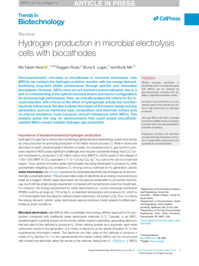 Microbial Electrolysis for H2 Production | PDF | Electrochemistry ...