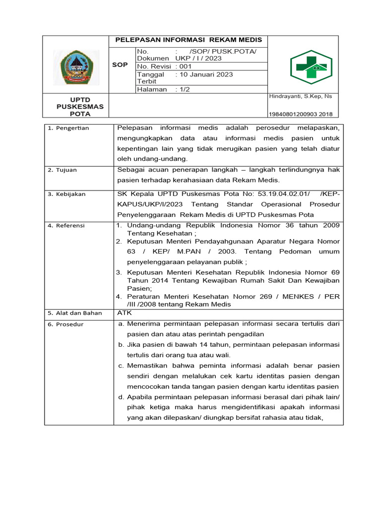 Sop Pelepasan Informasi Rekam Medis | PDF