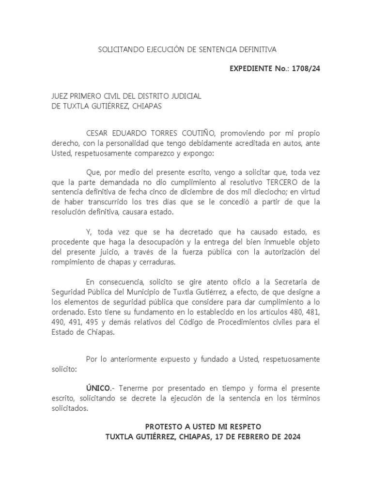 Modelo de Escrito Solicitando Ejecución de Sentencia Definitiva | PDF | Sentencia (ley) | Gobierno
