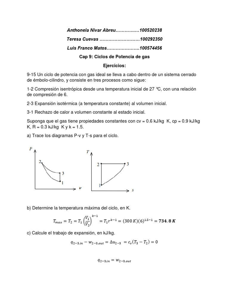 Cap 9. Ejercicios de Ciclos de Potencias de Gas. | Descargar gratis PDF | Gases | Temperatura
