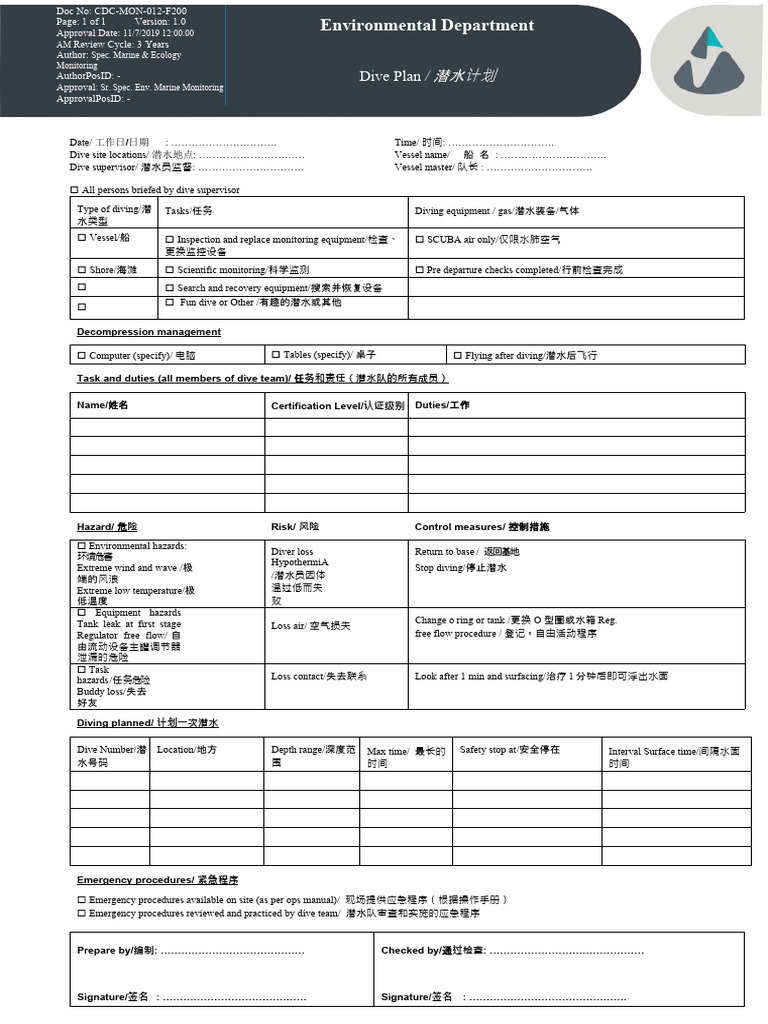 CDC-MON-012-F200 Dive Plan | PDF