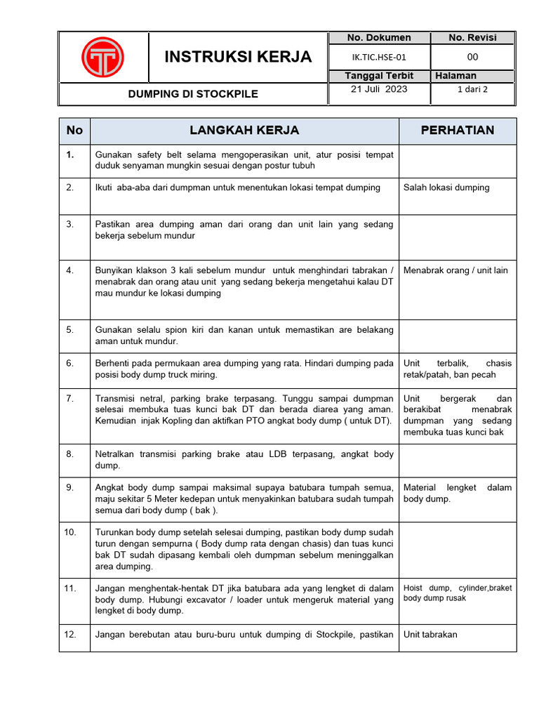 Prosedur Aman Dumping di Stockpile | PDF | Teknologi & Rekayasa