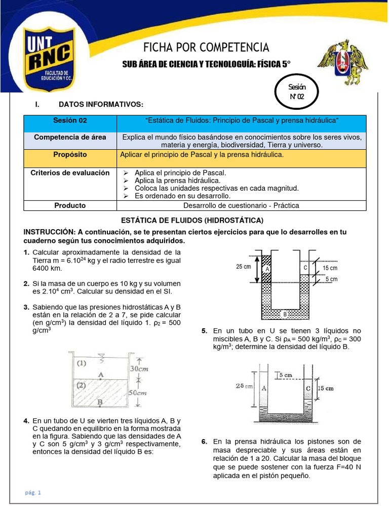 Ficha de Sesión N°02 - Física 5° RNC 2024 - I | Descargar gratis PDF | Densidad | Líquidos
